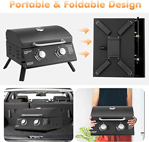 Grill Portable Gas Grill, Small Foldable Tabletop Propane BBQ Griddle w/Grease Tray, Thermometer, 20,000 BTU / 243 Sq.in Cooking Area, 2 Burner Gas Grill for Outdoor Camping, Tailgating, Picnic