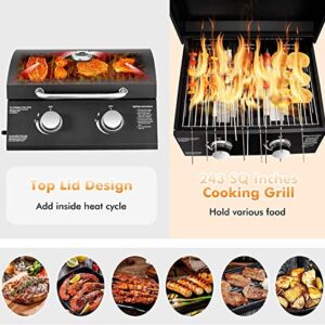 Grill Portable Gas Grill, Small Foldable Tabletop Propane BBQ Griddle w/Grease Tray, Thermometer, 20,000 BTU / 243 Sq.in Cooking Area, 2 Burner Gas Grill for Outdoor Camping, Tailgating, Picnic