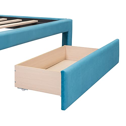 LCH Upholstered Platform Bed with a Big Drawer, Full Size Velvet Upholstered Platform Bed Frame with Headboard and Wood Slats Support, Full Size Storage Bed Frame for Boys Girls, Blue