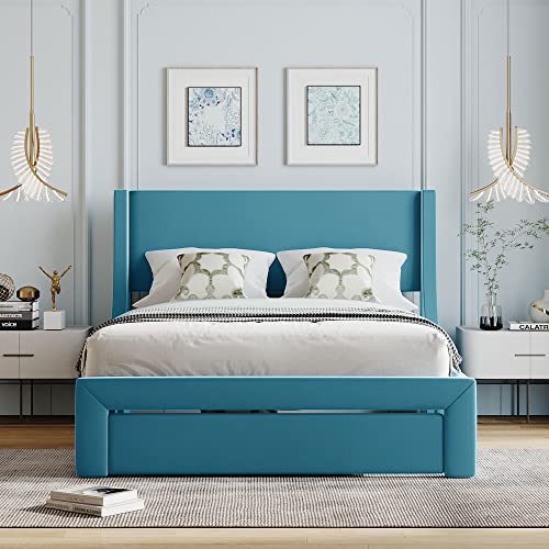 LCH Upholstered Platform Bed with a Big Drawer, Full Size Velvet Upholstered Platform Bed Frame with Headboard and Wood Slats Support, Full Size Storage Bed Frame for Boys Girls, Blue