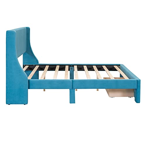 LCH Upholstered Platform Bed with a Big Drawer, Full Size Velvet Upholstered Platform Bed Frame with Headboard and Wood Slats Support, Full Size Storage Bed Frame for Boys Girls, Blue