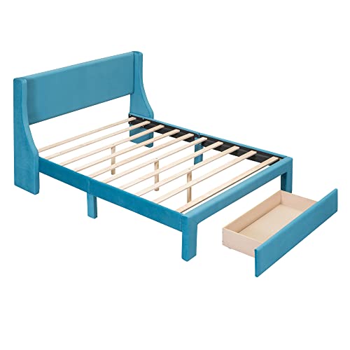 LCH Upholstered Platform Bed with a Big Drawer, Full Size Velvet Upholstered Platform Bed Frame with Headboard and Wood Slats Support, Full Size Storage Bed Frame for Boys Girls, Blue