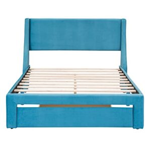 LCH Upholstered Platform Bed with a Big Drawer, Full Size Velvet Upholstered Platform Bed Frame with Headboard and Wood Slats Support, Full Size Storage Bed Frame for Boys Girls, Blue