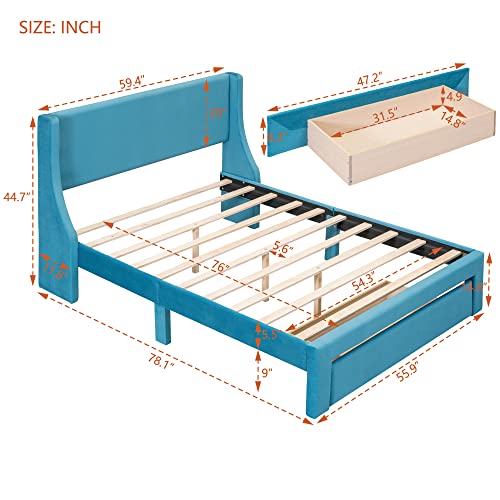 LCH Upholstered Platform Bed with a Big Drawer, Full Size Velvet Upholstered Platform Bed Frame with Headboard and Wood Slats Support, Full Size Storage Bed Frame for Boys Girls, Blue