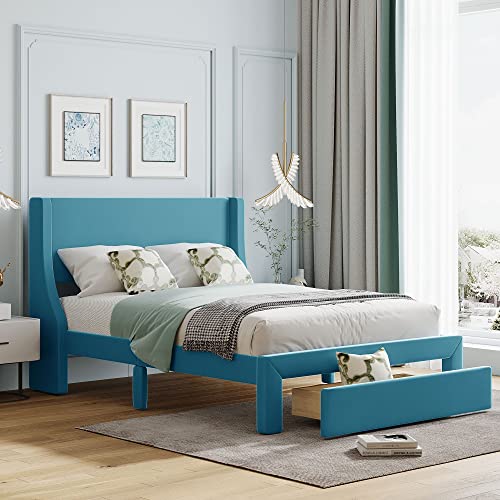 LCH Upholstered Platform Bed with a Big Drawer, Full Size Velvet Upholstered Platform Bed Frame with Headboard and Wood Slats Support, Full Size Storage Bed Frame for Boys Girls, Blue