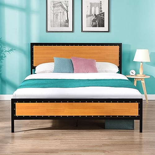 Prohon Bed Frame Queen Size with Rustic Headboard and Nailhead Trim Footboard, Strong Steel Slat Support, Metal Platform Bed with 11“ Storage Space, Silent Design Bedframe for Adults, Teens & Kids