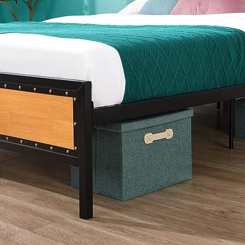 Prohon Bed Frame Queen Size with Rustic Headboard and Nailhead Trim Footboard, Strong Steel Slat Support, Metal Platform Bed with 11“ Storage Space, Silent Design Bedframe for Adults, Teens & Kids