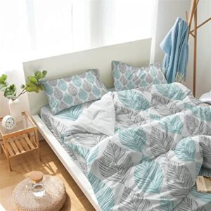 Teal Gray Leaves Texture Seamless Duvet Cover Sets 4 Piece Twin Ultra Soft Bed Quilt Cover Set for Kids/Teens/Women/Men,Feather Abstract Art White Back Bedding Collection All Season Use