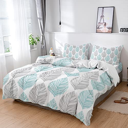 Teal Gray Leaves Texture Seamless Duvet Cover Sets 4 Piece Twin Ultra Soft Bed Quilt Cover Set for Kids/Teens/Women/Men,Feather Abstract Art White Back Bedding Collection All Season Use