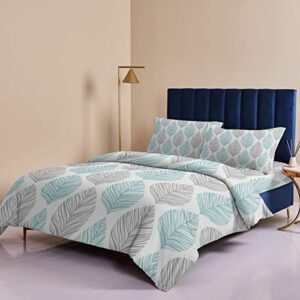 Teal Gray Leaves Texture Seamless Duvet Cover Sets 4 Piece Twin Ultra Soft Bed Quilt Cover Set for Kids/Teens/Women/Men,Feather Abstract Art White Back Bedding Collection All Season Use