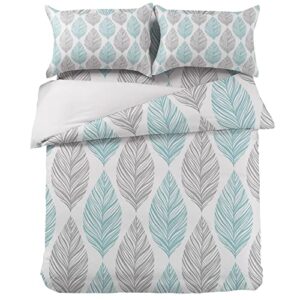 Teal Gray Leaves Texture Seamless Duvet Cover Sets 4 Piece Twin Ultra Soft Bed Quilt Cover Set for Kids/Teens/Women/Men,Feather Abstract Art White Back Bedding Collection All Season Use