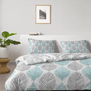 Teal Gray Leaves Texture Seamless Duvet Cover Sets 4 Piece Twin Ultra Soft Bed Quilt Cover Set for Kids/Teens/Women/Men,Feather Abstract Art White Back Bedding Collection All Season Use