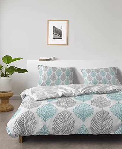 Teal Gray Leaves Texture Seamless Duvet Cover Sets 4 Piece Twin Ultra Soft Bed Quilt Cover Set for Kids/Teens/Women/Men,Feather Abstract Art White Back Bedding Collection All Season Use