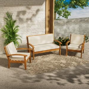 idzo laurent 3 piece acacia wood patio furniture set, 1 outdoor loveseats + 2 outdoor club chairs, teak finish wooden patio furniture set with 3.9in thick soft cushions for porch patio garden