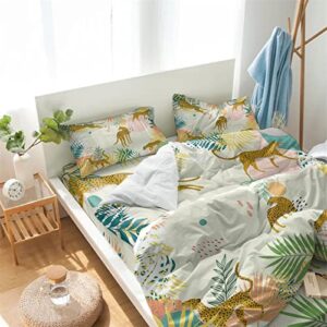 Leopard Watercolor Tropical Plant Duvet Cover Sets 4 Piece Queen Ultra Soft Bed Quilt Cover Set for Kids/Teens/Women/Men,Palm Tree Monstera Bedding Collection All Season Use