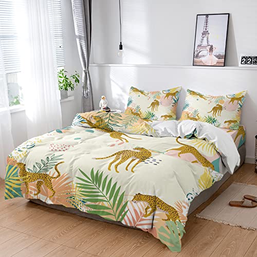 Leopard Watercolor Tropical Plant Duvet Cover Sets 4 Piece Queen Ultra Soft Bed Quilt Cover Set for Kids/Teens/Women/Men,Palm Tree Monstera Bedding Collection All Season Use