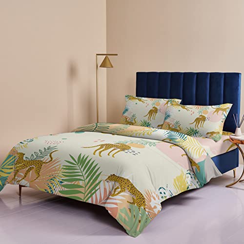 Leopard Watercolor Tropical Plant Duvet Cover Sets 4 Piece Queen Ultra Soft Bed Quilt Cover Set for Kids/Teens/Women/Men,Palm Tree Monstera Bedding Collection All Season Use