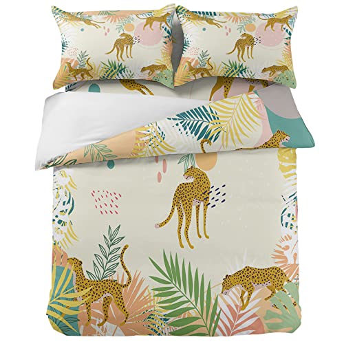 Leopard Watercolor Tropical Plant Duvet Cover Sets 4 Piece Queen Ultra Soft Bed Quilt Cover Set for Kids/Teens/Women/Men,Palm Tree Monstera Bedding Collection All Season Use