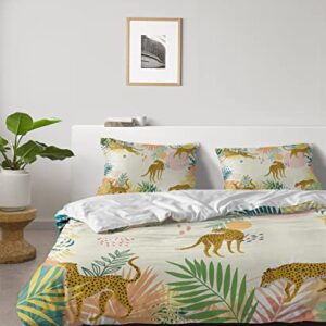 Leopard Watercolor Tropical Plant Duvet Cover Sets 4 Piece Queen Ultra Soft Bed Quilt Cover Set for Kids/Teens/Women/Men,Palm Tree Monstera Bedding Collection All Season Use