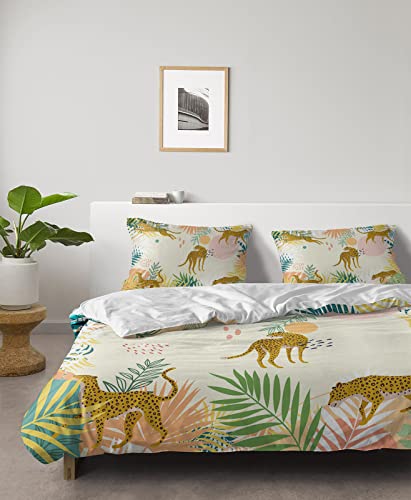 Leopard Watercolor Tropical Plant Duvet Cover Sets 4 Piece Queen Ultra Soft Bed Quilt Cover Set for Kids/Teens/Women/Men,Palm Tree Monstera Bedding Collection All Season Use