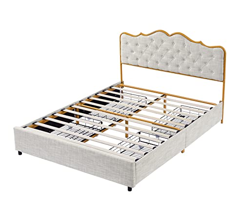 Maxzzz Queen Size Bed Frame with Four Storage Drawers & Upholstered Headboard - Elegant Golden Paint Finish, Sturdy Metal & Solid Wood Construction, No Box Spring Needed, Light Gray