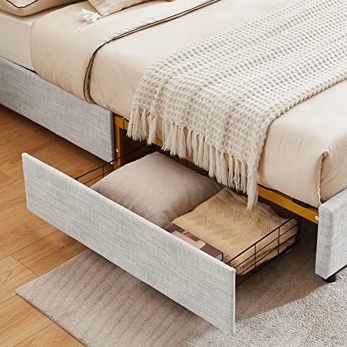 Maxzzz Queen Size Bed Frame with Four Storage Drawers & Upholstered Headboard - Elegant Golden Paint Finish, Sturdy Metal & Solid Wood Construction, No Box Spring Needed, Light Gray