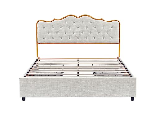 Maxzzz Queen Size Bed Frame with Four Storage Drawers & Upholstered Headboard - Elegant Golden Paint Finish, Sturdy Metal & Solid Wood Construction, No Box Spring Needed, Light Gray