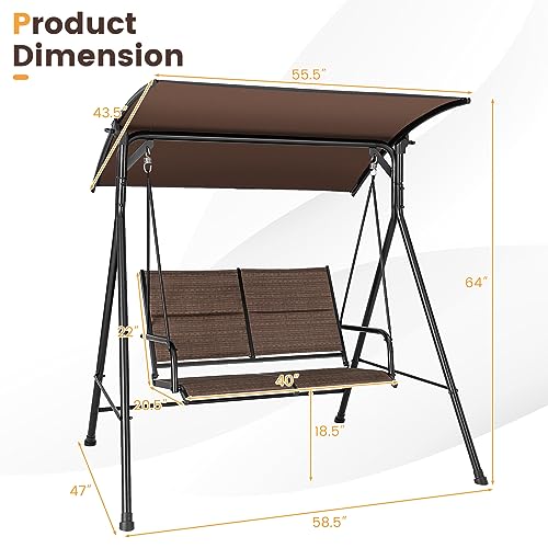 Tangkula 2 Person Porch Swing, Patio Swing with Adjustable Canopy, Padded Seat, Curved handrails & Heavy-Duty Metal Frame, Outdoor Swing for Yard, Garden, Poolside (Brown)