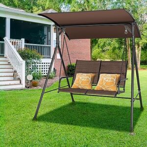 Tangkula 2 Person Porch Swing, Patio Swing with Adjustable Canopy, Padded Seat, Curved handrails & Heavy-Duty Metal Frame, Outdoor Swing for Yard, Garden, Poolside (Brown)