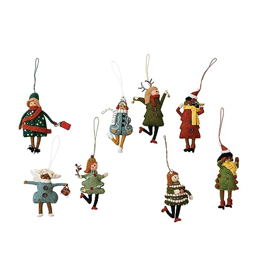 Creative Co-Op Handmade Wool Felt Girl in Christmas Tree Outfit Ornament, Multicolor, Set of 8 Styles