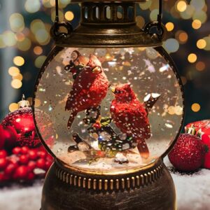 Christmas Snow Globe Lantern, Lighted Water Lantern with Music and 6 Hour Timer, USB Lined/Battery Powered Singing Lantern, Christmas Decor Gifts - Two Red Cardinals 10.4 in.