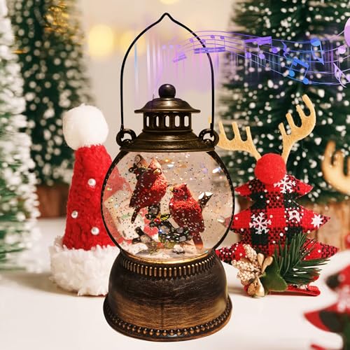 Christmas Snow Globe Lantern, Lighted Water Lantern with Music and 6 Hour Timer, USB Lined/Battery Powered Singing Lantern, Christmas Decor Gifts - Two Red Cardinals 10.4 in.