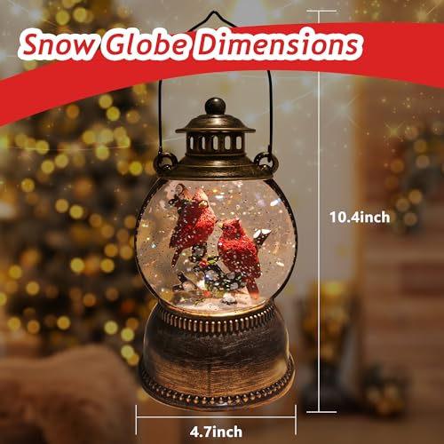 Christmas Snow Globe Lantern, Lighted Water Lantern with Music and 6 Hour Timer, USB Lined/Battery Powered Singing Lantern, Christmas Decor Gifts - Two Red Cardinals 10.4 in.