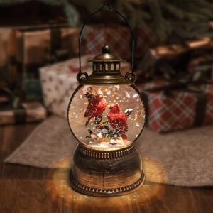 Christmas Snow Globe Lantern, Lighted Water Lantern with Music and 6 Hour Timer, USB Lined/Battery Powered Singing Lantern, Christmas Decor Gifts - Two Red Cardinals 10.4 in.