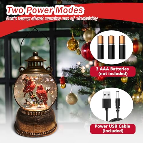 Christmas Snow Globe Lantern, Lighted Water Lantern with Music and 6 Hour Timer, USB Lined/Battery Powered Singing Lantern, Christmas Decor Gifts - Two Red Cardinals 10.4 in.