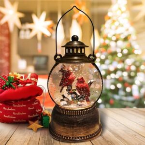 Christmas Snow Globe Lantern, Lighted Water Lantern with Music and 6 Hour Timer, USB Lined/Battery Powered Singing Lantern, Christmas Decor Gifts - Two Red Cardinals 10.4 in.