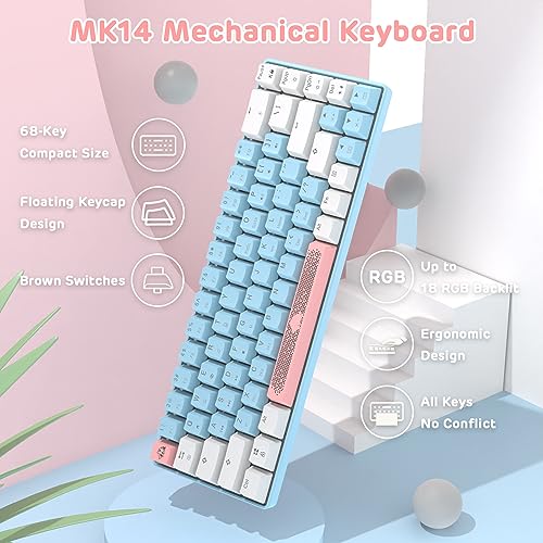 MANBASNAKE MK14 60% Mechanical Gaming Keyboard, Compact 68 Keys Mini Wired Office Keyboard, Hot Swappable RGB Gaming Keyboard with Blue Switch for Windows/Laptop/PC/Mac Gamer