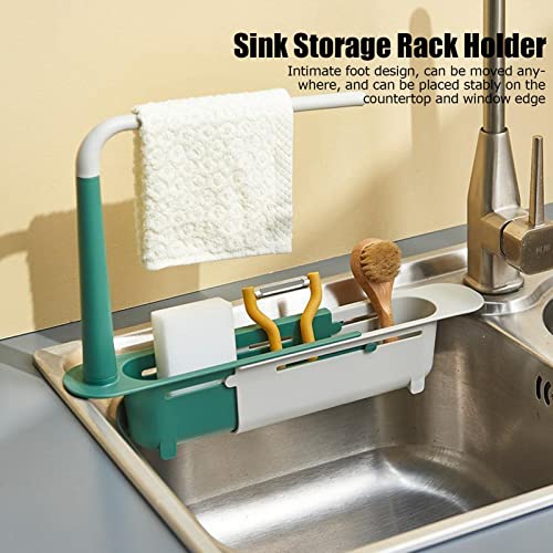 Telescopic Sink Storage Rack Kitchen Rag Rack Shelf Organizer Dishwashing Hook Pull Drain Basket Under Sink Organizers (Green)