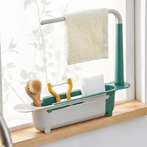 Telescopic Sink Storage Rack Kitchen Rag Rack Shelf Organizer Dishwashing Hook Pull Drain Basket Under Sink Organizers (Green)