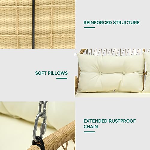 YITAHOME Porch Swing Hanging Wicker Swing Rattan Patio Swing Lounge Swing Chair Hammock Swing Chair Cushions 550lbs for Garden, Patio, Balcony, Living Room, Beige