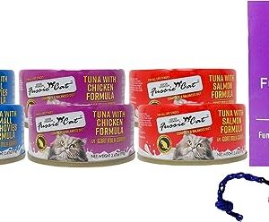 Fussie Cat Food Tuna Formula - in Goat Milk Gravy - 3 Flavor 6 Can Sampler Variety - (2) Each: Anchovies, Chicken, Salmon (2.47 Ounces) - Plus Catnip Toy and Fun Facts Booklet Bundle