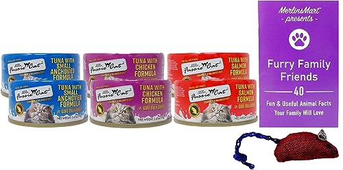 Fussie Cat Food Tuna Formula - in Goat Milk Gravy - 3 Flavor 6 Can Sampler Variety - (2) Each: Anchovies, Chicken, Salmon (2.47 Ounces) - Plus Catnip Toy and Fun Facts Booklet Bundle