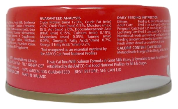 Fussie Cat Food Tuna Formula - in Goat Milk Gravy - 3 Flavor 6 Can Sampler Variety - (2) Each: Anchovies, Chicken, Salmon (2.47 Ounces) - Plus Catnip Toy and Fun Facts Booklet Bundle