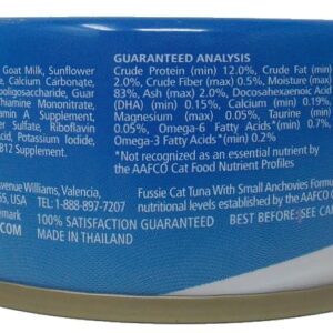 Fussie Cat Food Tuna Formula - in Goat Milk Gravy - 3 Flavor 6 Can Sampler Variety - (2) Each: Anchovies, Chicken, Salmon (2.47 Ounces) - Plus Catnip Toy and Fun Facts Booklet Bundle