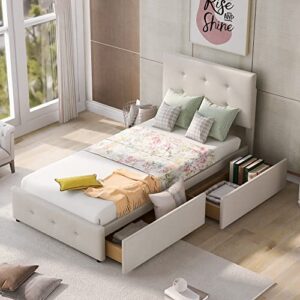 Virgorack Upholstered Bed 90 x 200 cm with Slatted Bed Frame and Two Drawers in Skin-Friendly Velvet Fabric Flat Single Bed Beige (Without Mattress) (Beige)