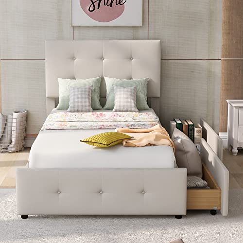 Virgorack Upholstered Bed 90 x 200 cm with Slatted Bed Frame and Two Drawers in Skin-Friendly Velvet Fabric Flat Single Bed Beige (Without Mattress) (Beige)