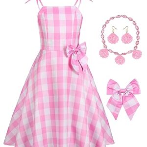 Miulruma Kids Movie Heroine Costume Cosplay Girls Pink Dress Halloween Costumes Party Outfit with Necklace Earrings Hairpin MA055S