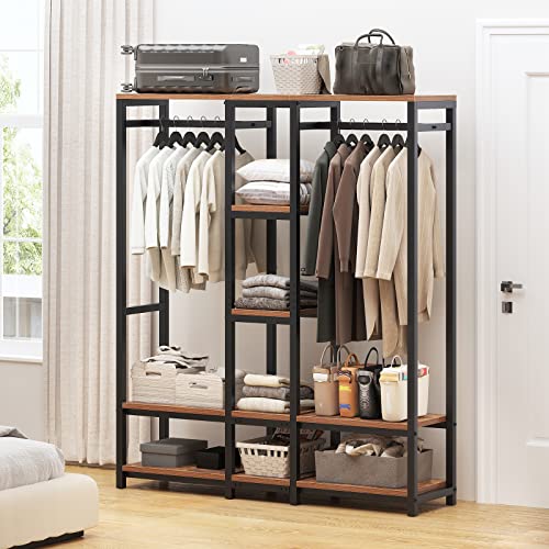 DlandHome Free Standing Closet Organizer, Heavy Duty Garment Rack with Storage Shelves Wardrobe Closet Storage with Shelves with 2 Rods Large Clothing Rack for Hallway, Bedroom,10ZXJHUT-YJ15