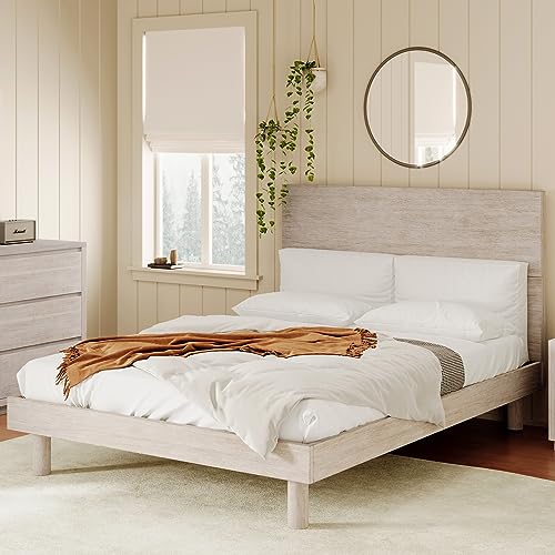 Full Size Wooden Platform Bed Frames with Solid Wood Grain Headboard, Modern Concise Style Platform Bed with No Box Spring Needed for Bedroom Boys Girls, Under Bed Storage, Gray (Full)