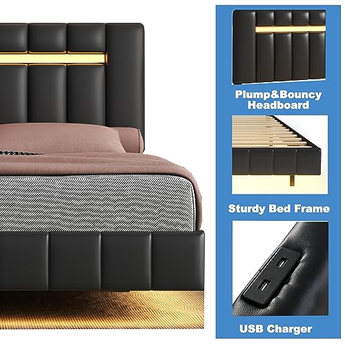 Merax Modern Queen Floating Upholstered Bed Frame with LED Lights and USB Charging, Tufted Plattform Bed, No Box Spring Needed, Black